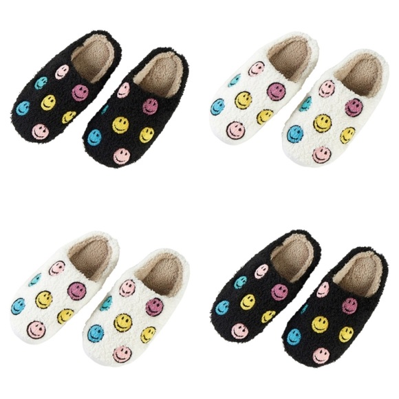 Shoes | Fuzzy Smiley Face Slippers In White Or Black | Poshmark